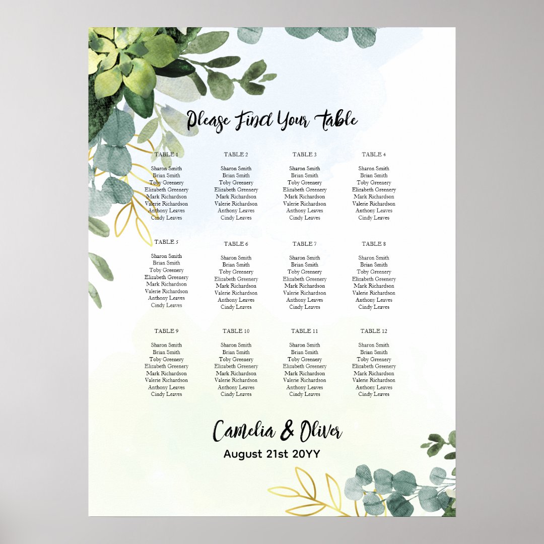 12 Tabel Greenery Eucalyptus FOTO Seating Chart Poster | Zazzle.nl