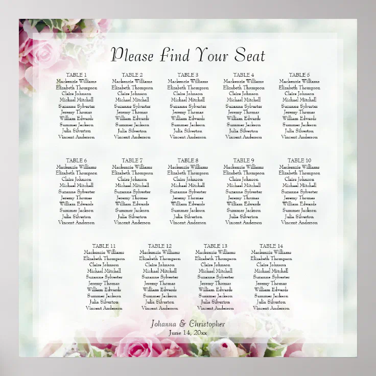 14 Tabel Roses Wedding Seating Chart Poster | Zazzle.nl