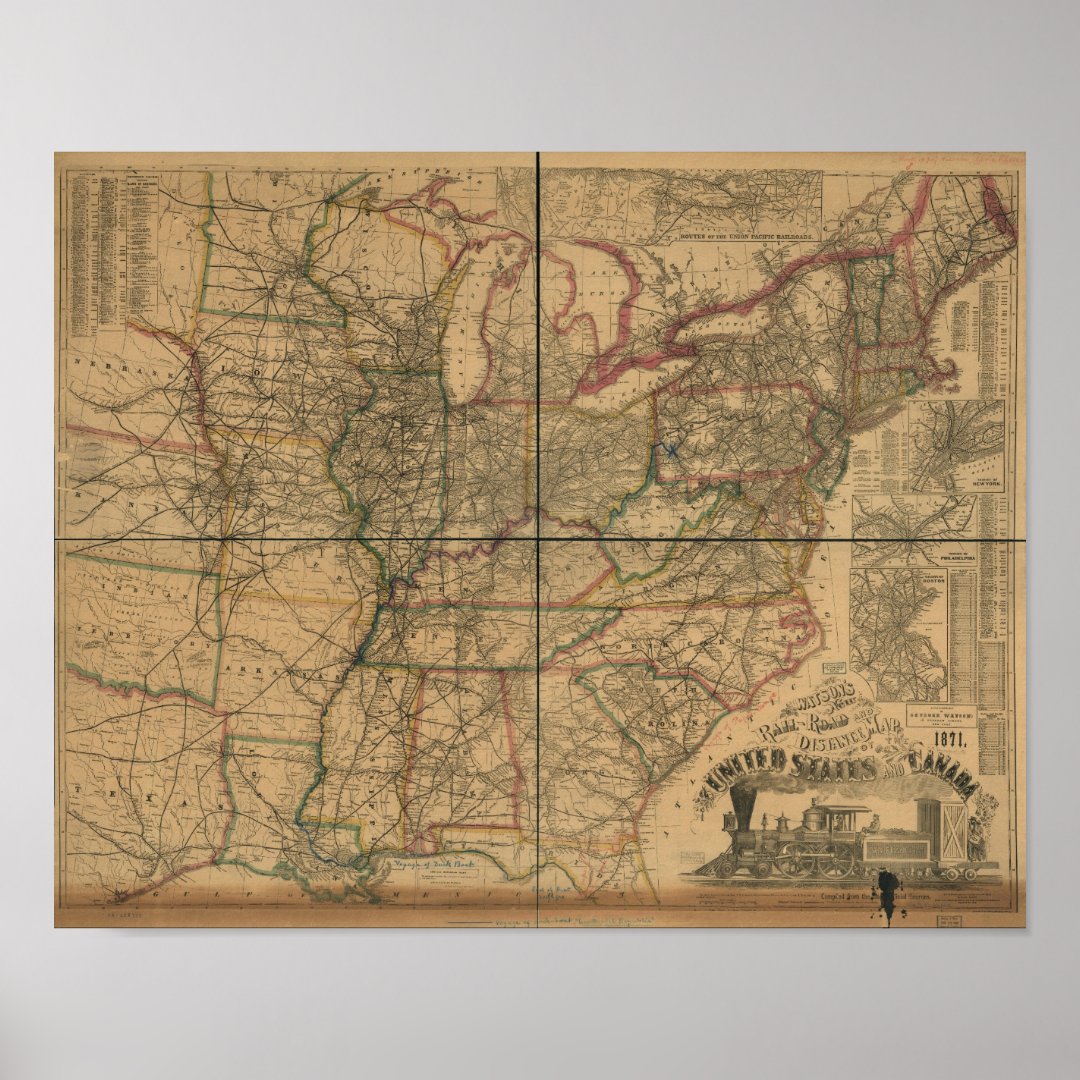 1871 Railways and Distance Map of U.S. & Canada Poster | Zazzle.nl