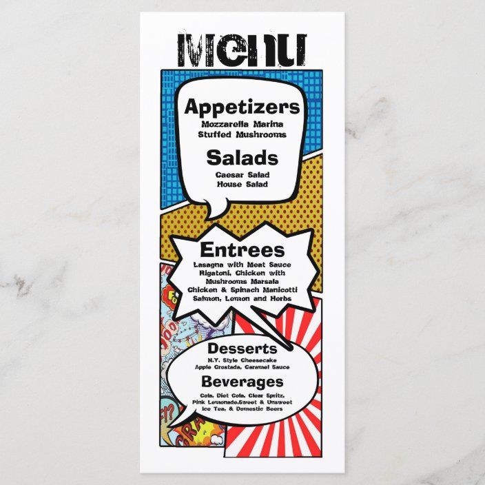 25 Menukaarten Comic Strip Book Pop Art Cartoon Menu | Zazzle.nl