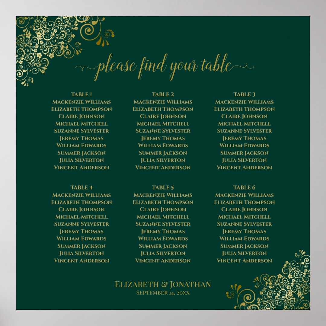 6 Tafel marinescherm voor groene en gouden bruilof Poster | Zazzle.nl