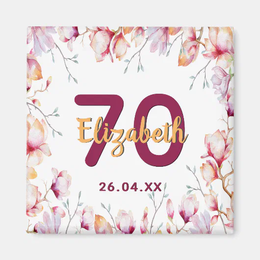 70ste verjaardag roze magnolia bloemstuk save the magneet | Zazzle.nl