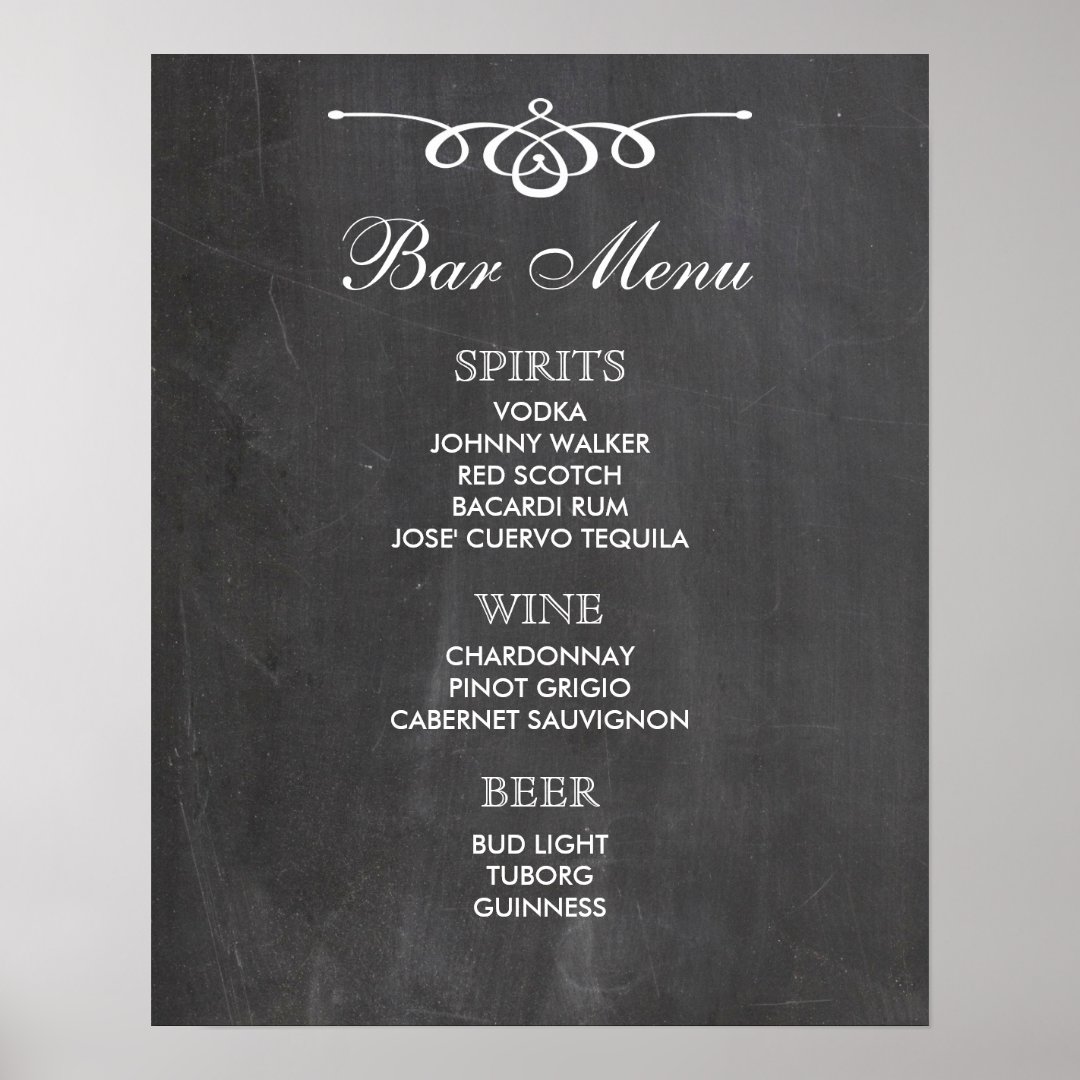 BAR MENU groot teken | Kalkbord | trouwbar Poster | Zazzle.nl