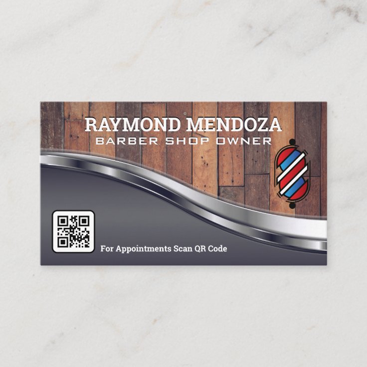 Barber Pole Logo | Houtmetaal | QR-code Visitekaartje | Zazzle.nl