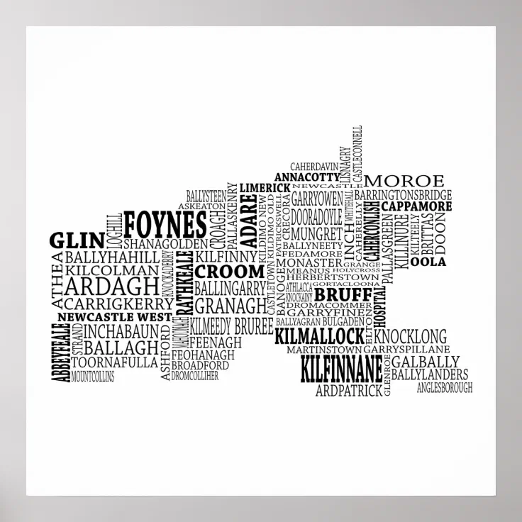 Black Typografische Map of Co. Limerick, Ierland Poster | Zazzle.nl