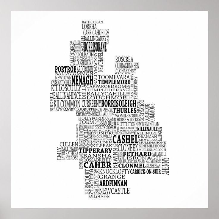 Black Typografische Map of Co. Tipperary, Ierland Poster | Zazzle.nl