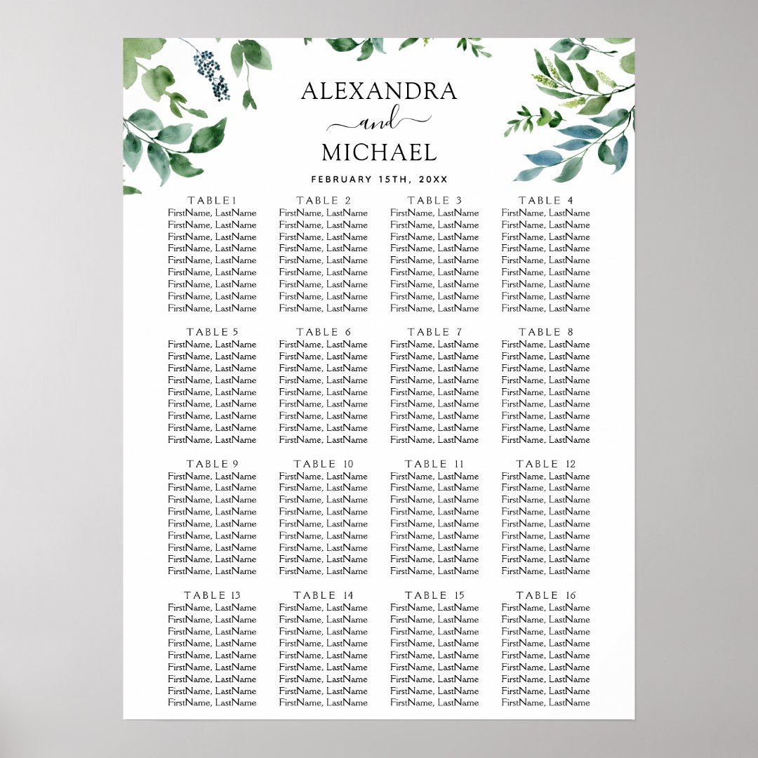 Botanische Greenery Foliage Wedding Seding Chart Poster | Zazzle.nl