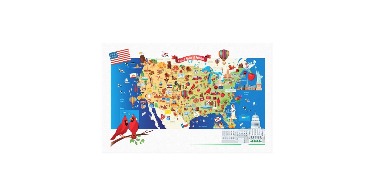 Cartoon Map of USA Canvas Afdruk | Zazzle.nl