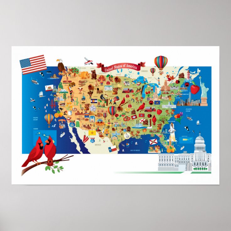 Cartoon Map of USA Poster | Zazzle.nl