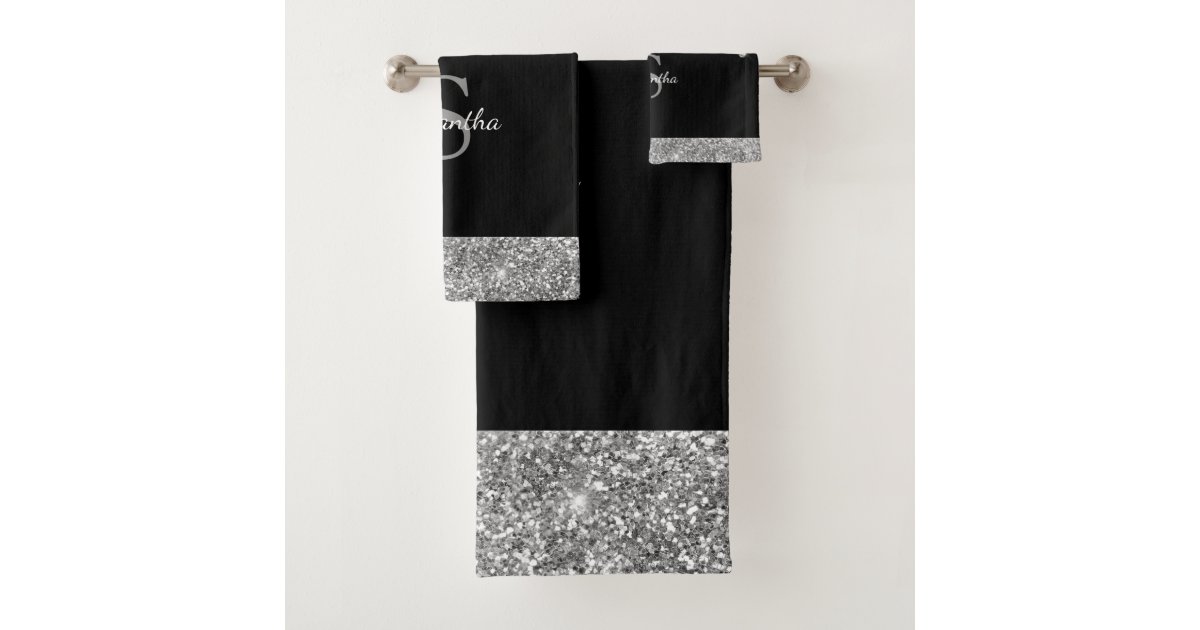 Chic Glitter Drift Sparkle Silver Black Monogram Bad Handdoek | Zazzle.nl
