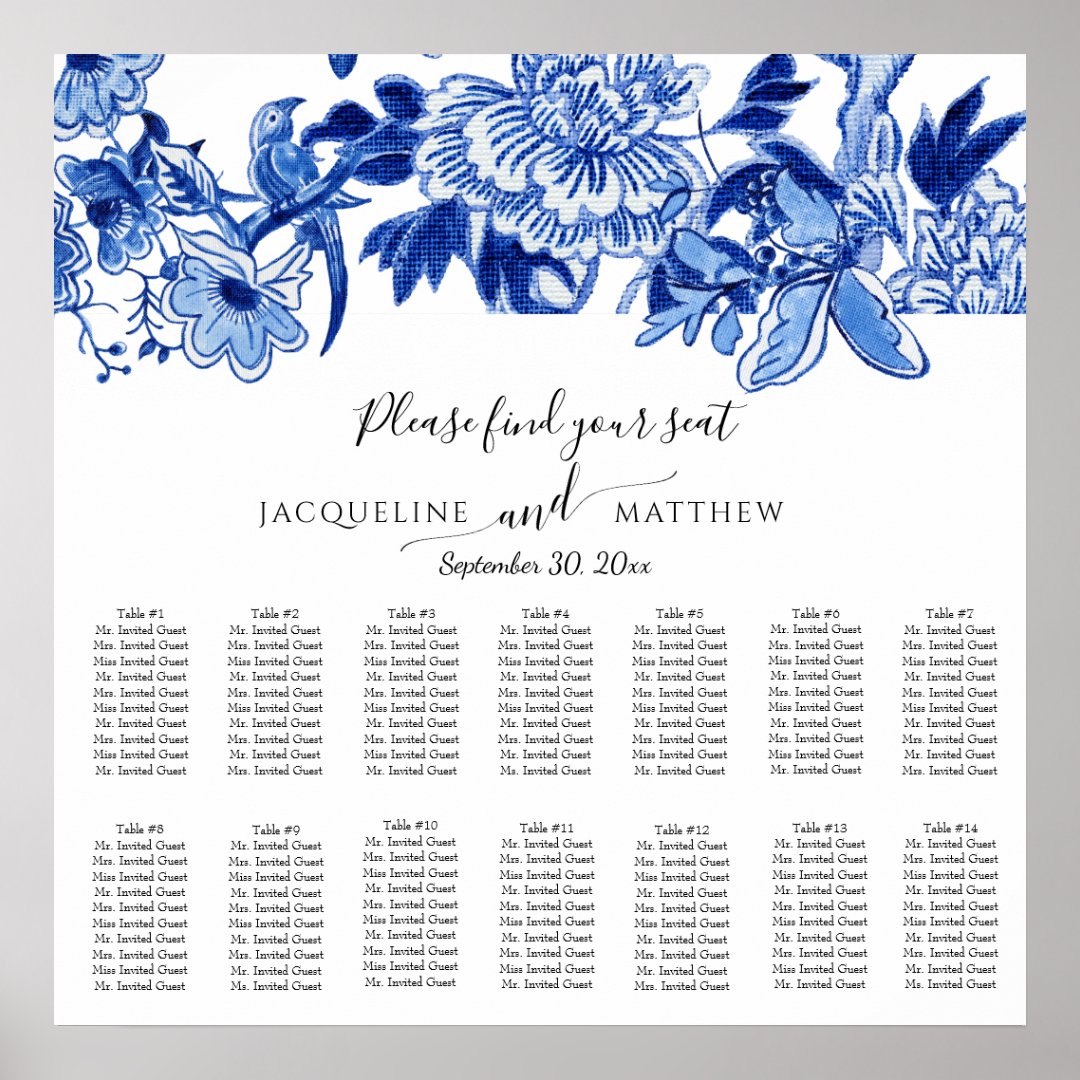 Chinoiserie Navy Blue White Floral Seating Chart Poster | Zazzle.nl