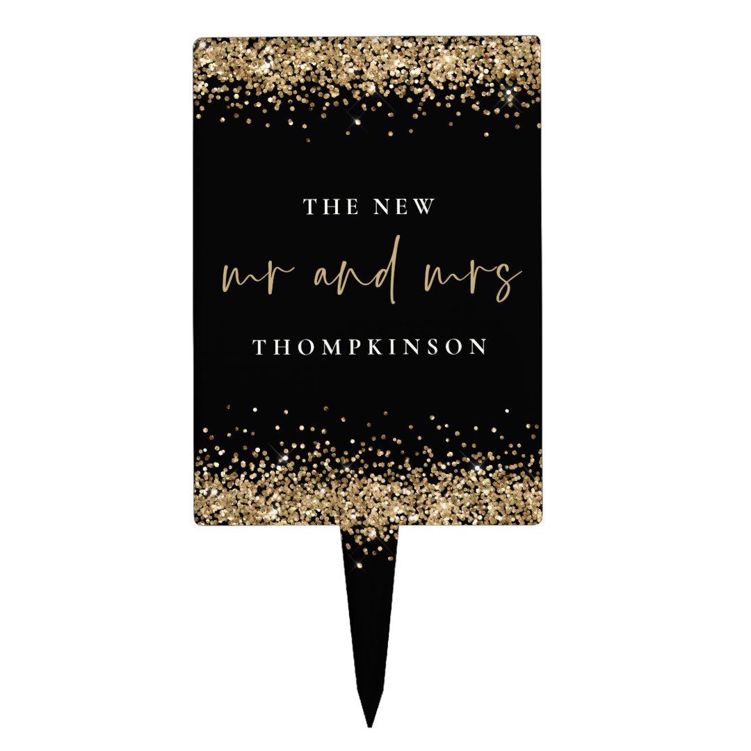 Elegant Black Gold Glitter Borders New Mr Mrs Name Cake Topper | Zazzle.nl