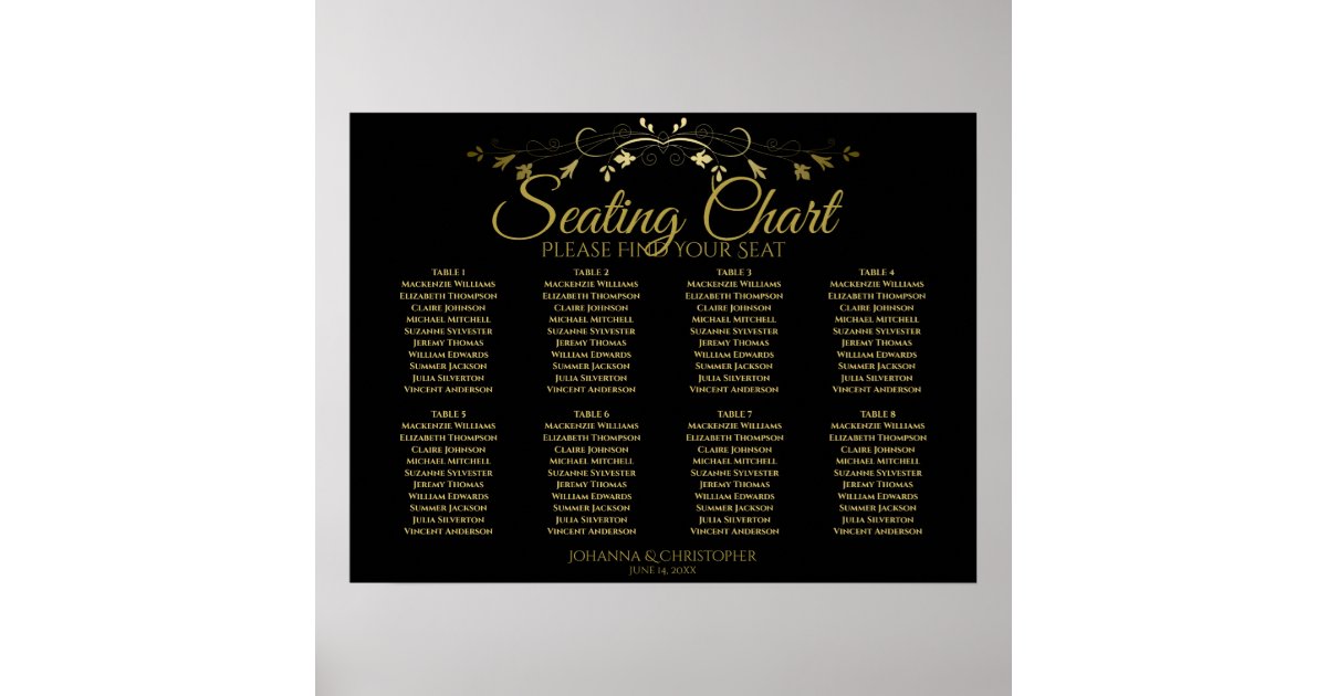 Elegant Gold & Black 8 Table Wedding Seding Chart Poster | Zazzle.nl