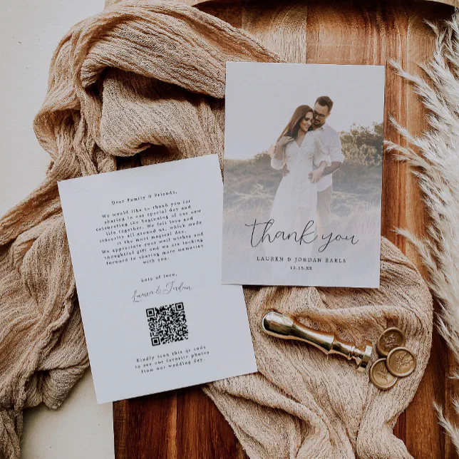 Elegant Script Foto QR Code Bruiloft Bedankkaart | Zazzle.nl