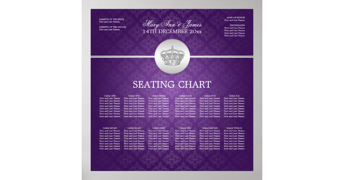 Elegant Wedding Seating Chart Royal Crown Paars Poster | Zazzle.nl