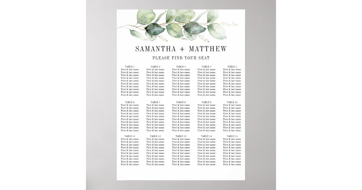 Eucalyptus Greenery Wedding Seding Chart Poster | Zazzle.nl