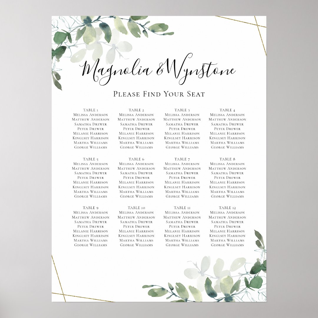 Eucalyptus Wedding Table Seating Chart Poster | Zazzle.nl