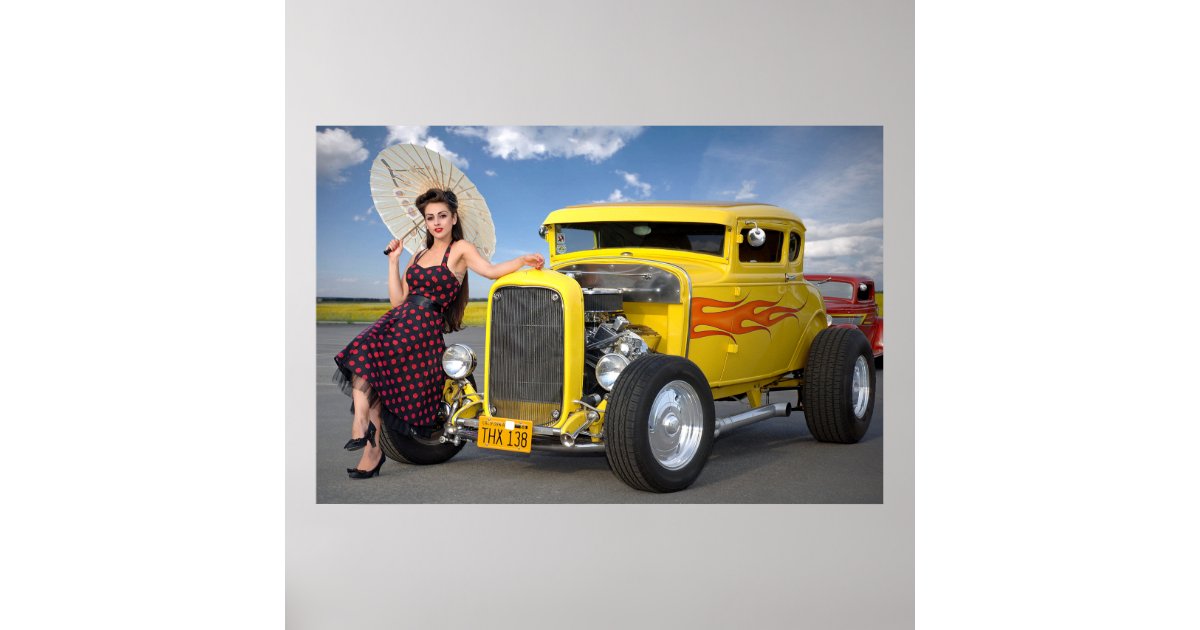 Hot Rod Flames Graffiti Vintage Car Pin Up Girl Poster | Zazzle.nl