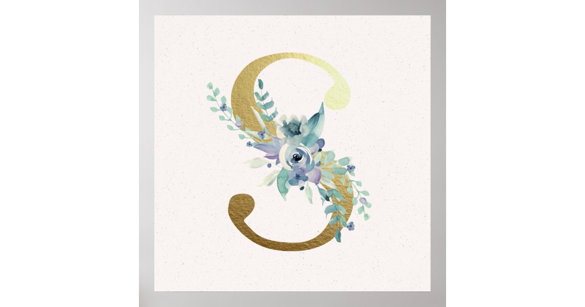 Initiaal S Golden en Blue Floral Monogram Poster | Zazzle.nl