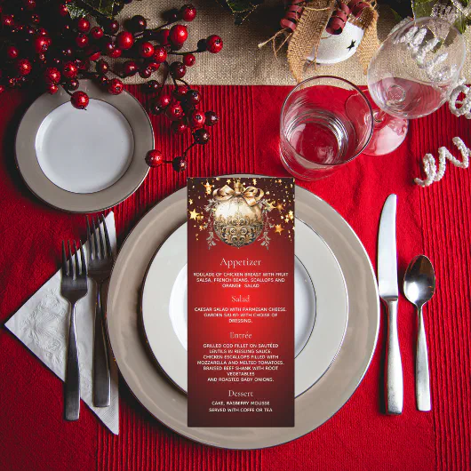Kerstfeest kerstbal dinermenu in rood goud menu | Zazzle.nl