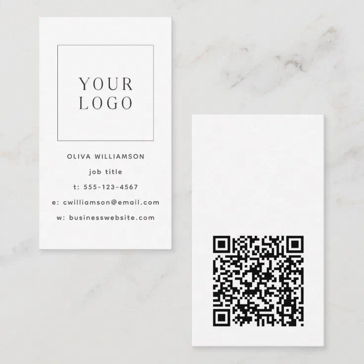 Moderne minimale witte verticale Logo QR-code Visitekaartje | Zazzle.nl