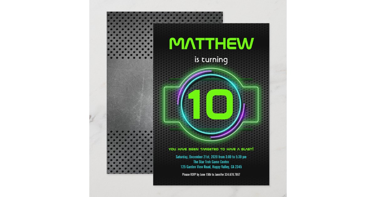 Neon Green Boy 10th Birthday Laser Label Party Kaart | Zazzle.nl