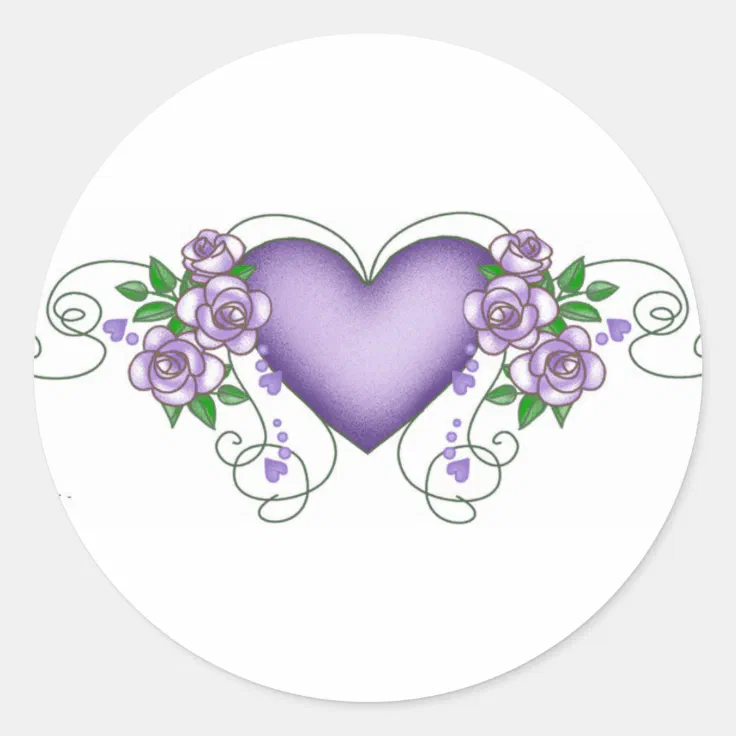 paars hart met rozen en wijnstokken ronde sticker | Zazzle.nl