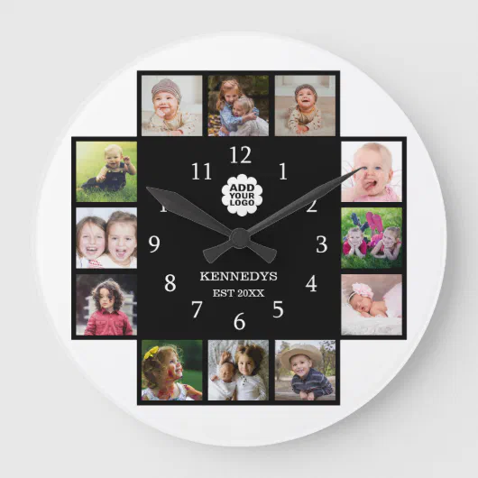 Persoonlijke familie 12 Foto Collage Logo Black Grote Klok | Zazzle.nl