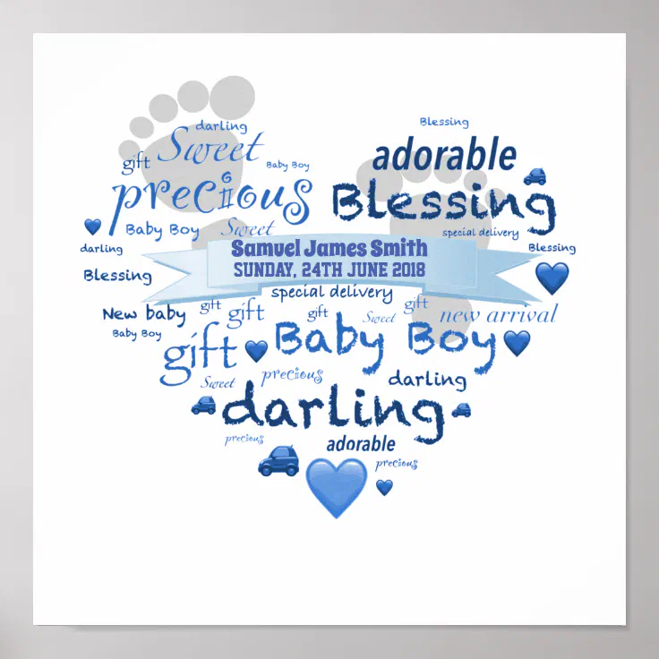 Persoonlijke naam Nieuwe Baby Boy Word Art Poster | Zazzle.nl