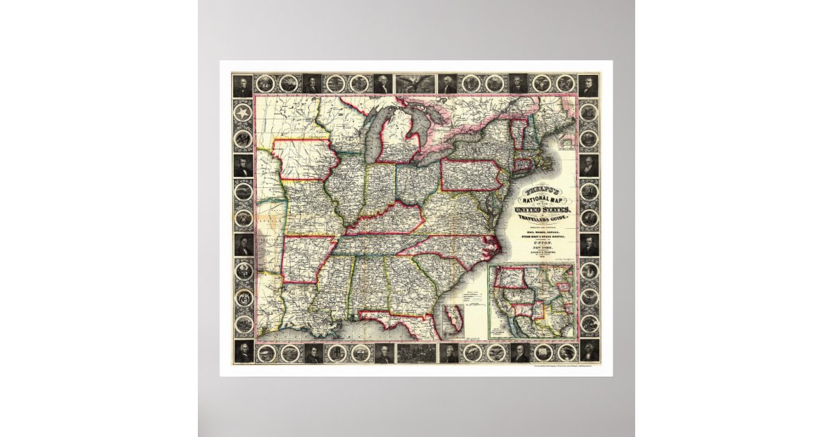 Phelps United States Map 1852 Poster | Zazzle.nl