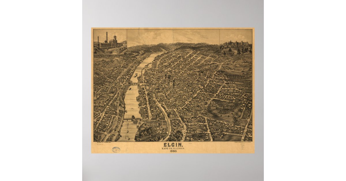 Pictorial Map of Elgin Illinois (1880) Poster | Zazzle.nl