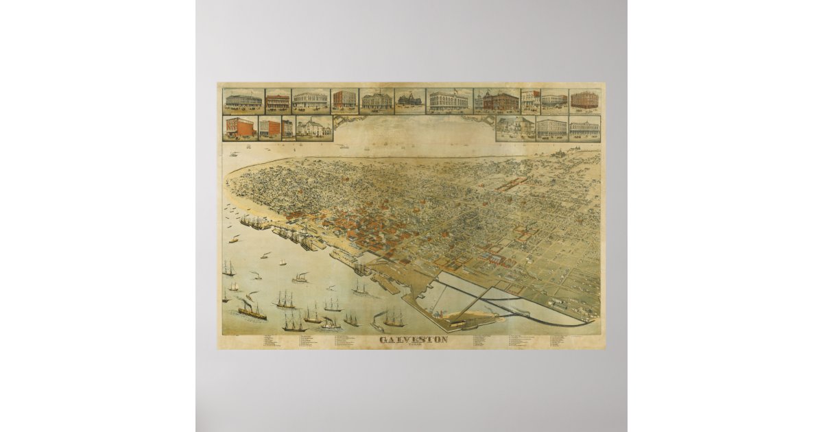 Pictorial Map of Galveston TX (1885) Poster | Zazzle.nl