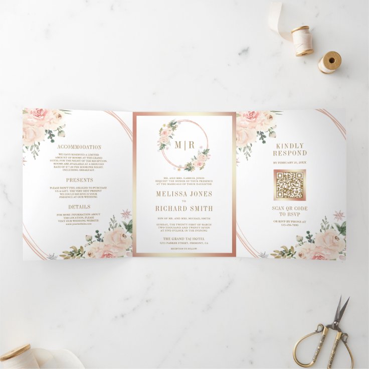 Roos Gold Blush Pink Floral QR Code Weddenschap Drieluik Uitnodiging ...