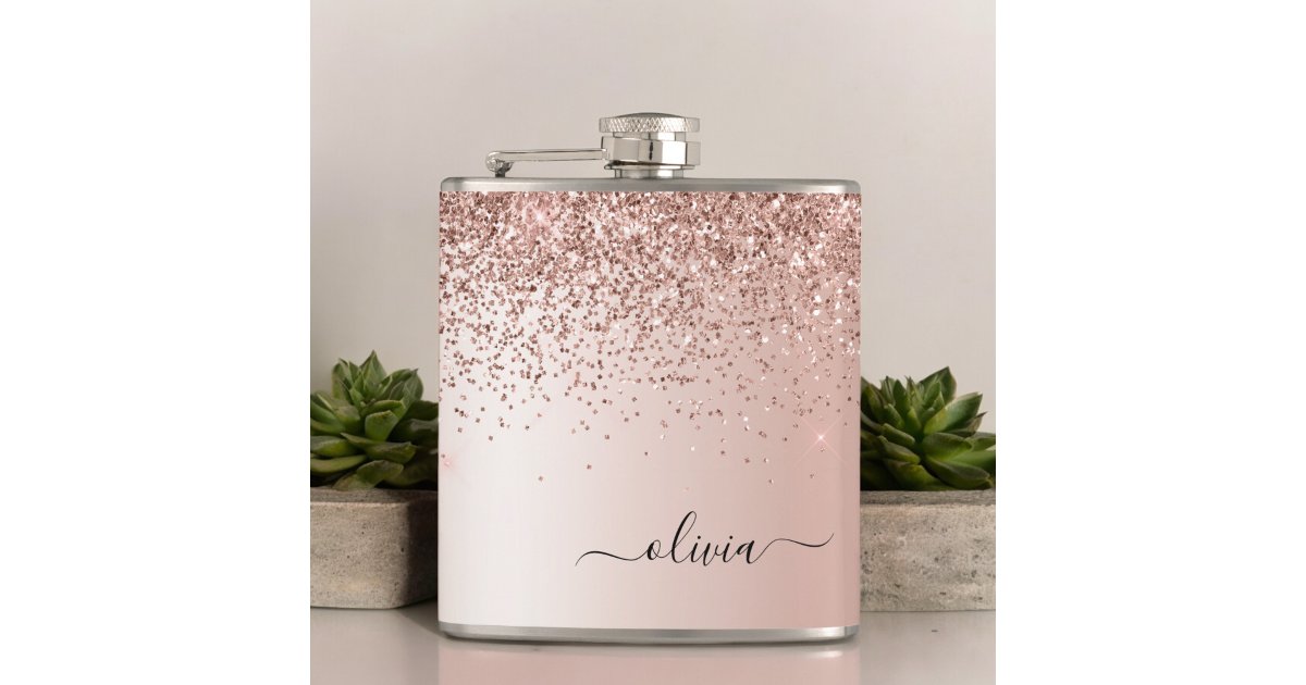 Roos Gold - Blush Pink Glitter Metal Monogram Naam Heupfles | Zazzle.nl