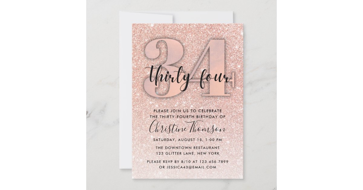 Roos Gold Glitter 34th Birthday Invitation Kaart | Zazzle.nl