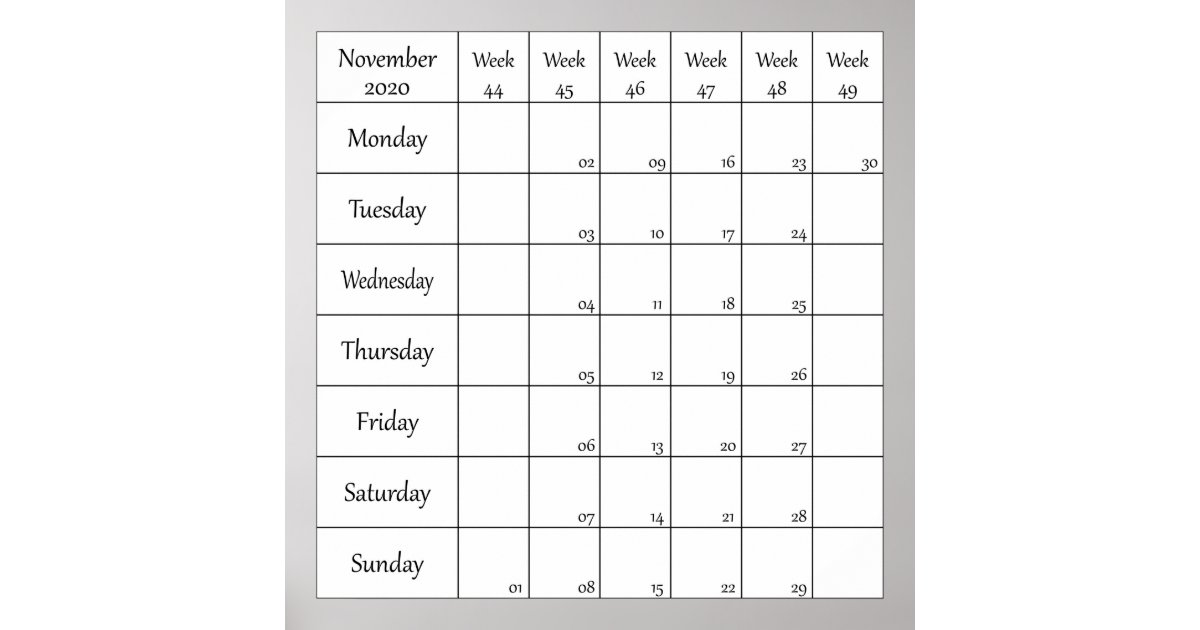 rooster november 2020 met weeknummer poster | Zazzle.nl