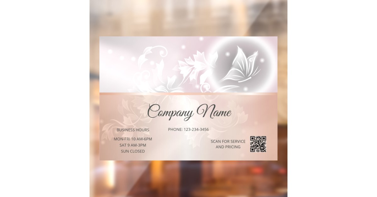 Roze Gouden Bloem Vlinder | Openingsuren QR Code Raamsticker | Zazzle.nl