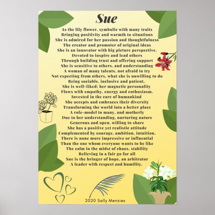 "Sue" Name Poem Poster | Zazzle.nl