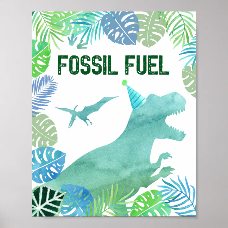 T-Rex Dinosaur Greenery Fossil Fuel Birthday Sign Poster | Zazzle.nl