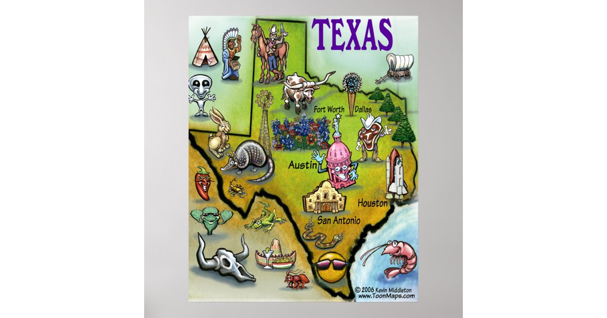 Texas Cartoon Map Poster | Zazzle.nl