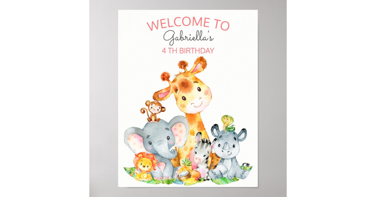 Waterverf Cute Safari Oerwouden Birthday Poster | Zazzle.nl