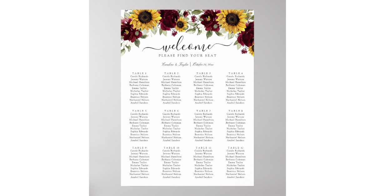 Zonnebloemen Burgundy Greenery Wedding Seating Cha Poster | Zazzle.nl