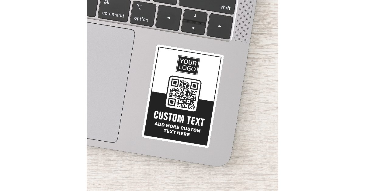 Zwarte en witte QR-code, logo en aangepaste tekst Sticker | Zazzle.nl